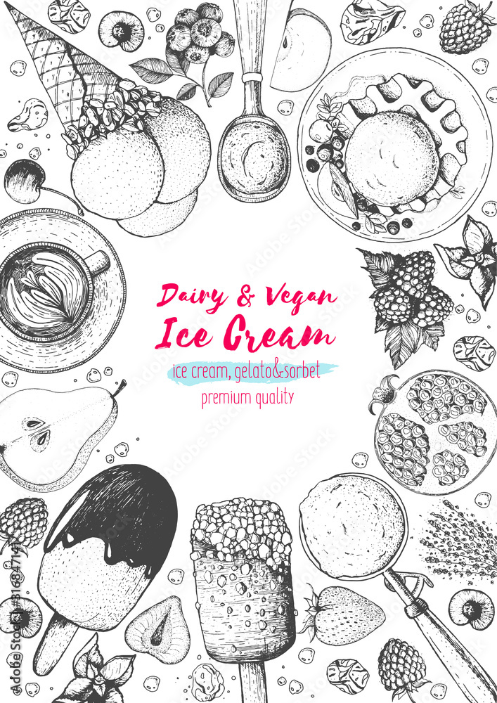 Ice cream top view frame. Vector sketch for vintage menu design. Hand ...