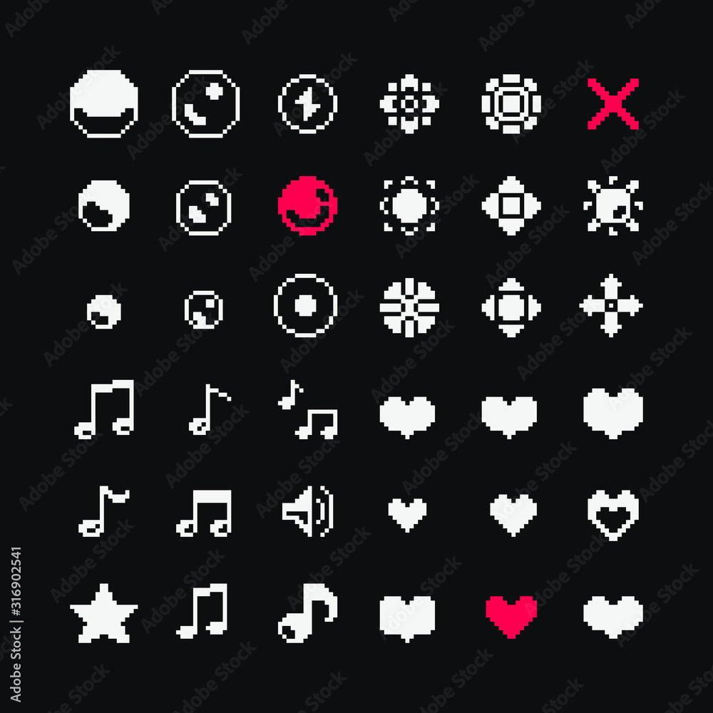 1-bit symbols icons set, bubble, heart, like, note, music, download ...