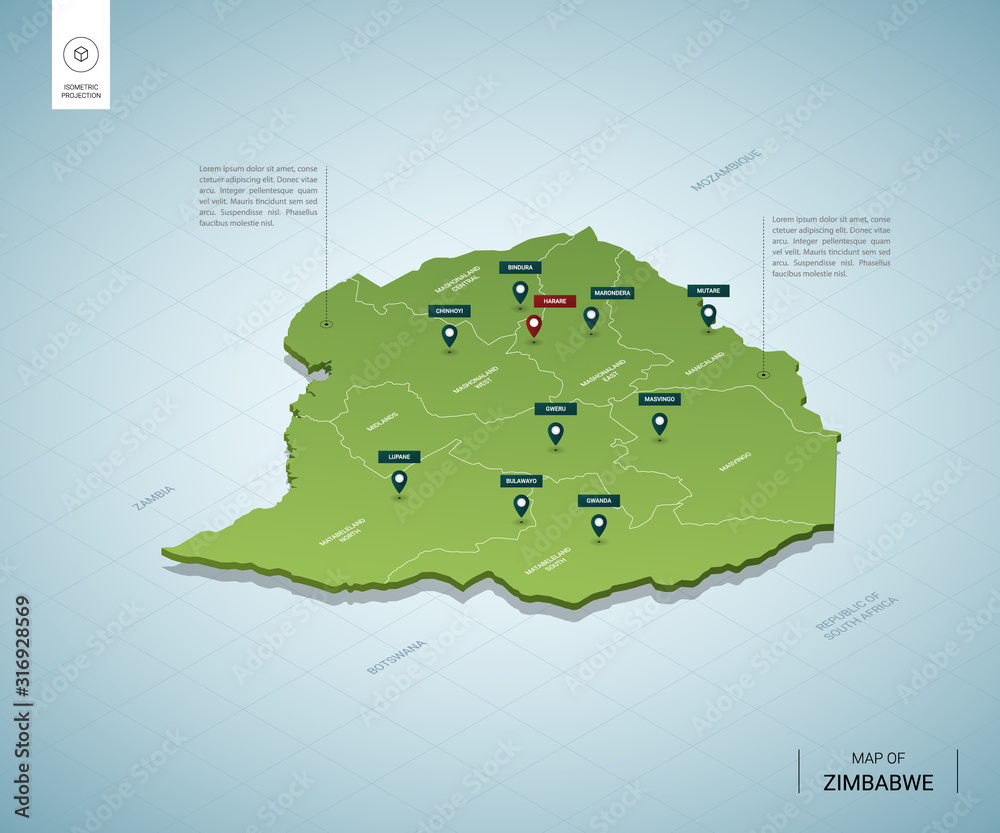 Stylized map of Zimbabwe. Isometric 3D green map with cities, borders, capital Harare, regions ...