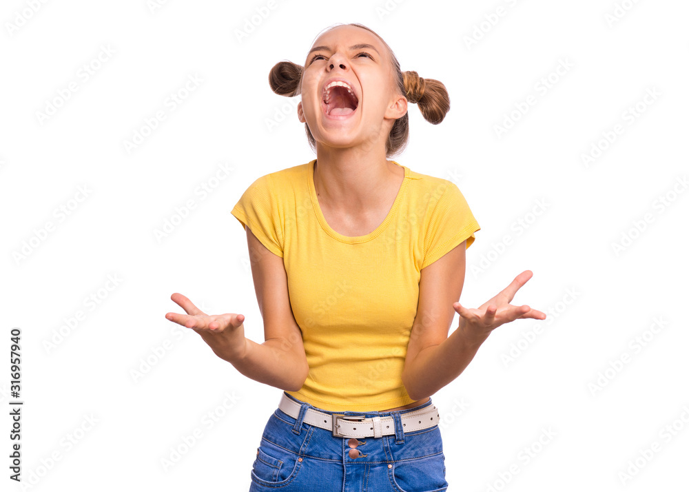 Emotional portrait of teen girl screaming, isolated on white background ...