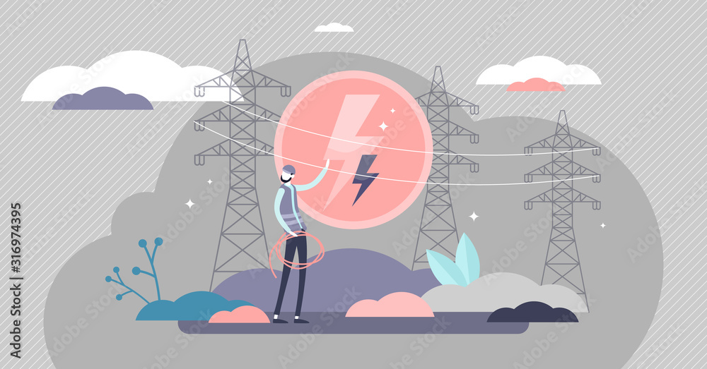 Electricity industry concept, flat tiny electrician worker person ...