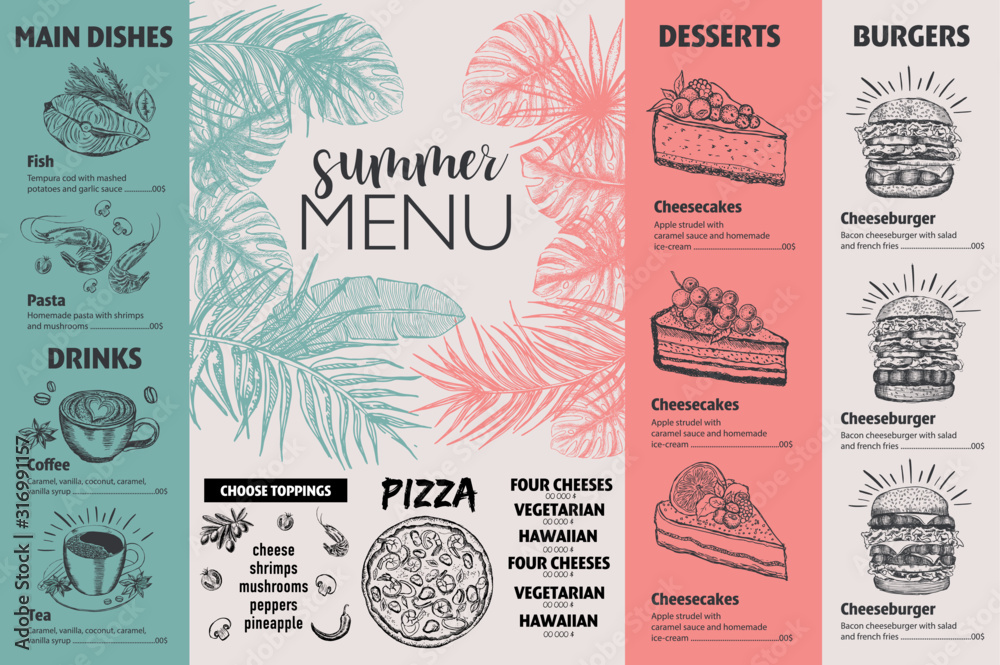 Summer menu. Restaurant food menu design, hand drawn illustrations ...