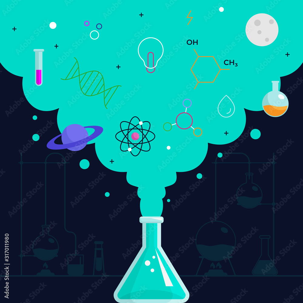 Chemical reaction smoke out form beaker glass with science knowledge ...