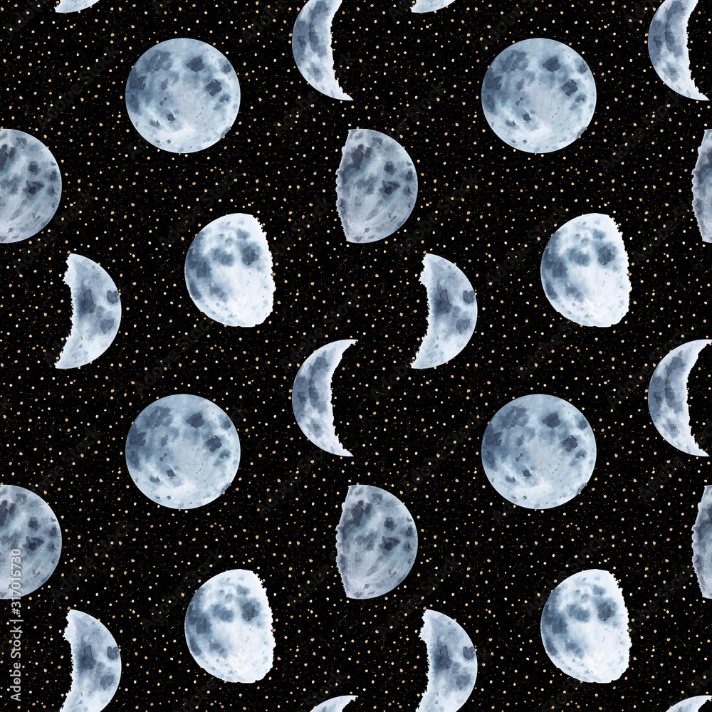 Watercolor hand drawn moon phases seamless pattern isolated on black ...