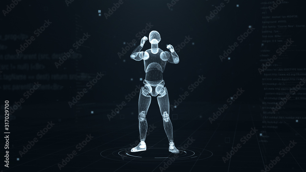 Human puppet talking on the phone in virtual 3d digital space with ...