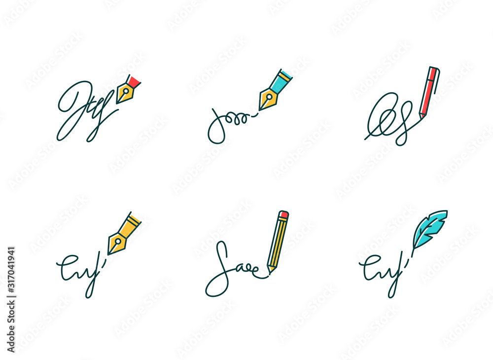 Signatures RGB color icons set. Apostille and legalization. Handwriting ...