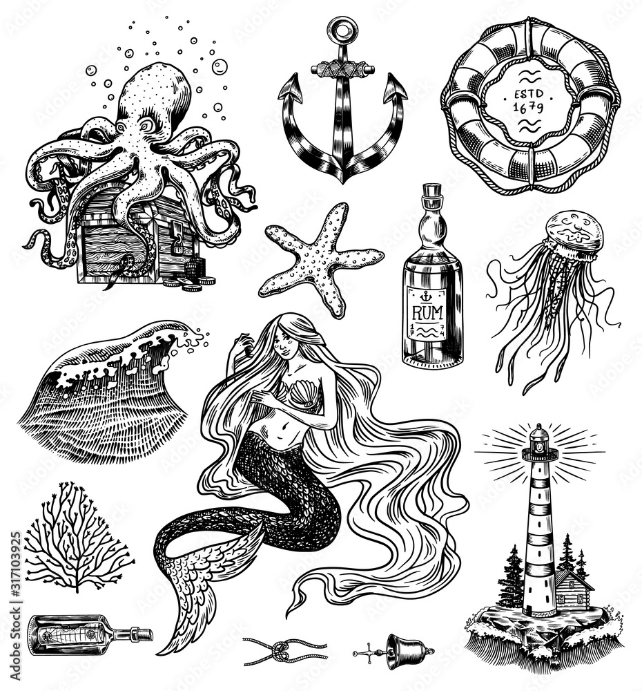 Nautical adventure set. Sea lighthouse, mermaid and marine captain ...