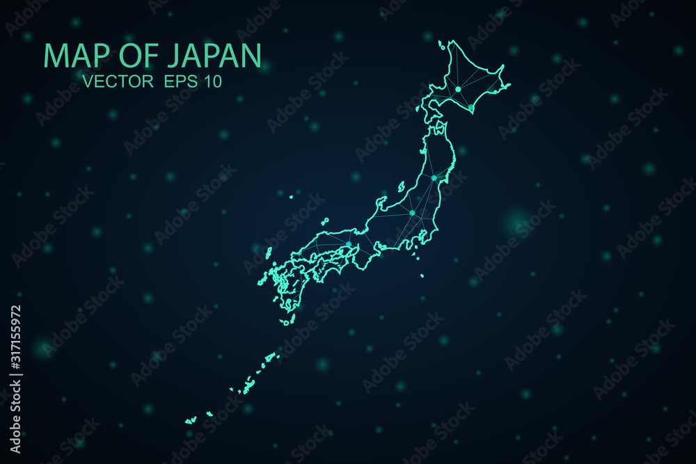 Map of Japan. Wire frame 3D mesh polygonal network line, design sphere ...