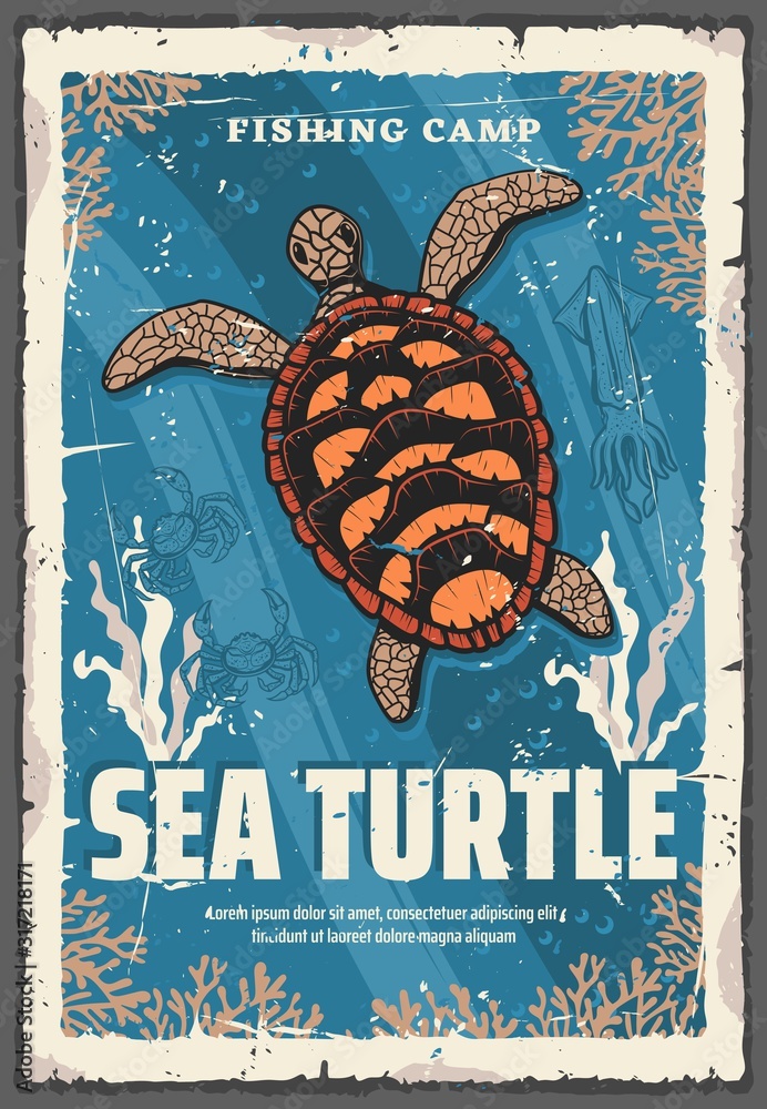 Vector sea turtle, underwater animal in deep sea waters among coral ...