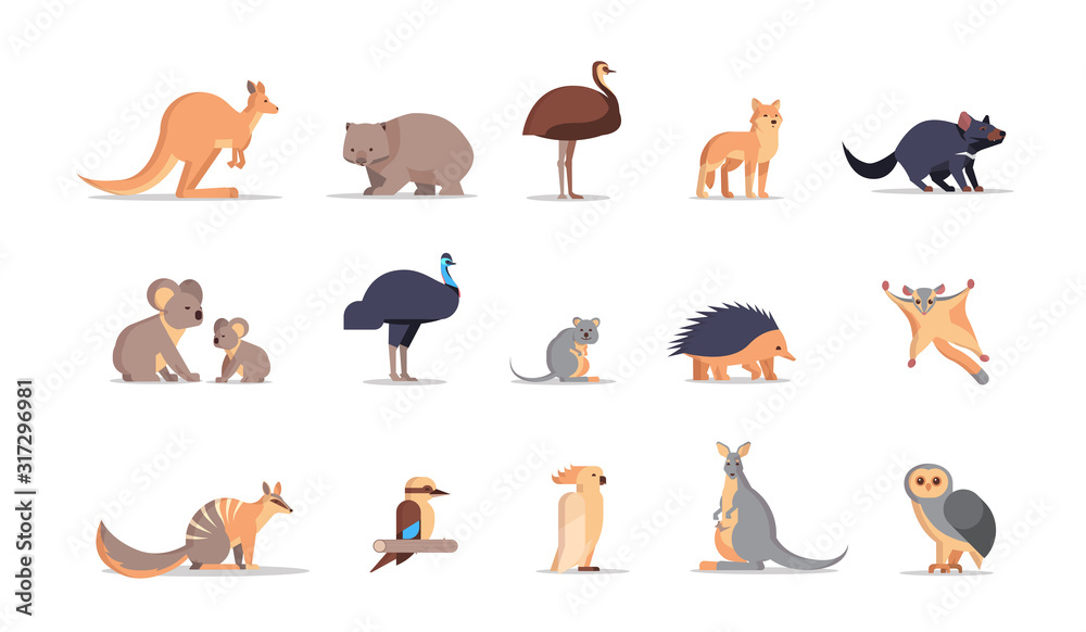 set cartoon endangered wild australian animals collection wildlife ...