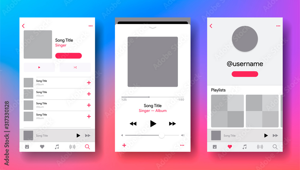 Social media network inspired by Apple Music. Mobile app interface ...
