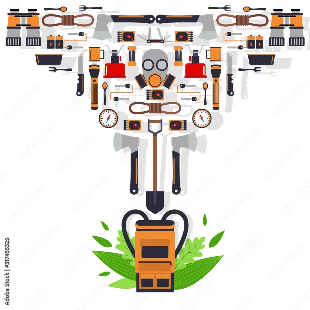 Survival kit isolated icons, vector illustration. Basic equipment for ...