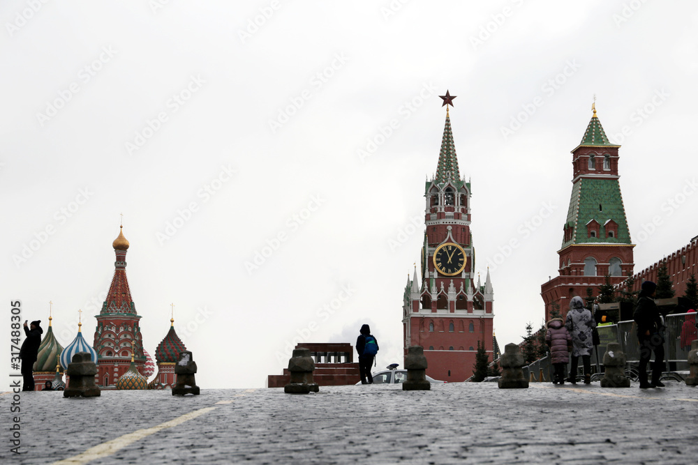 Moscow Red square in winter, dramatic view to the St. Basil's Cathedral ...