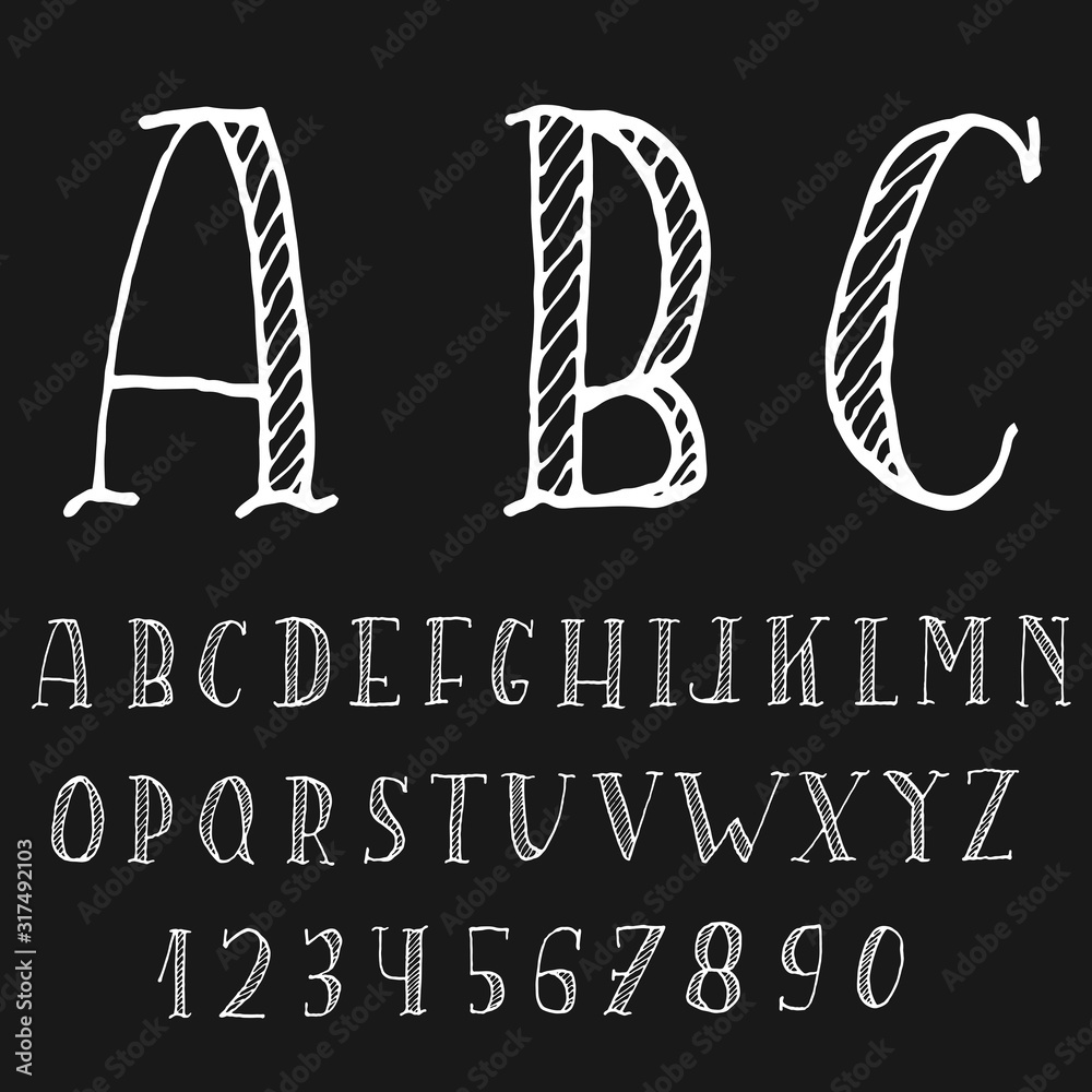 Alphabet with capital letters and numbers only. Hatched handwritten ...