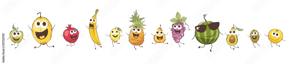 Funny cartoon fruits. Set vector illustrations with comic food. Stock ...