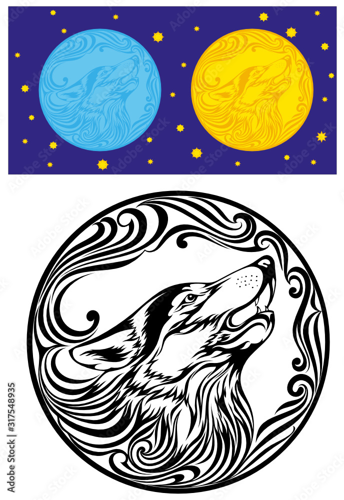 Image of the moon with a howling wolf. It can be used to create a logo ...