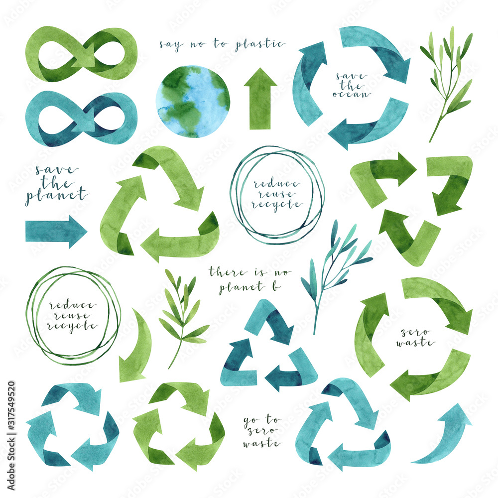 Watercolor recycling signs and sprig with leaves isolated on white ...