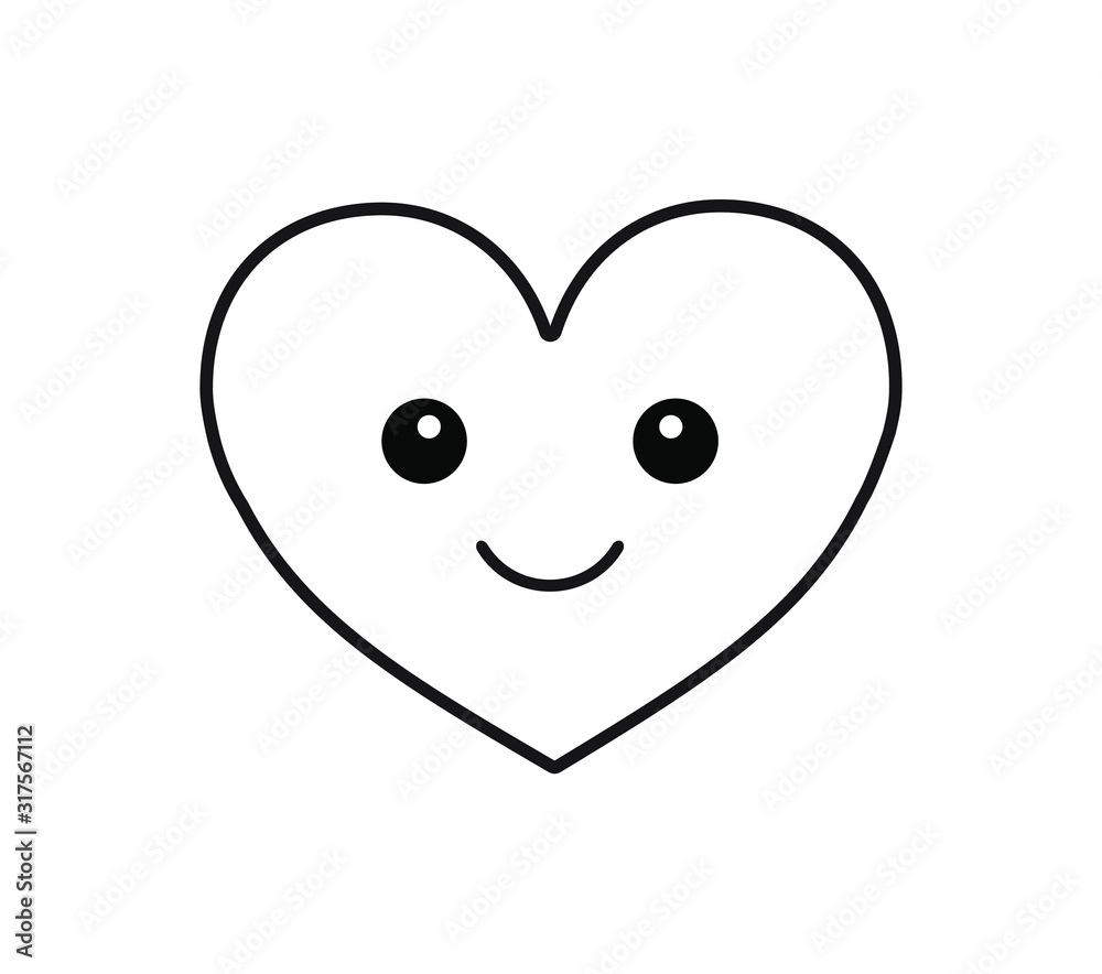 Vector flat cartoon kawaii black outline heart with face isolated on ...