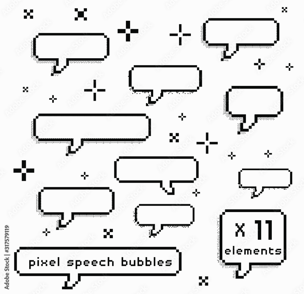 Set of pixel art speech bubbles like in 8-bit arcade game. Retrowave ...