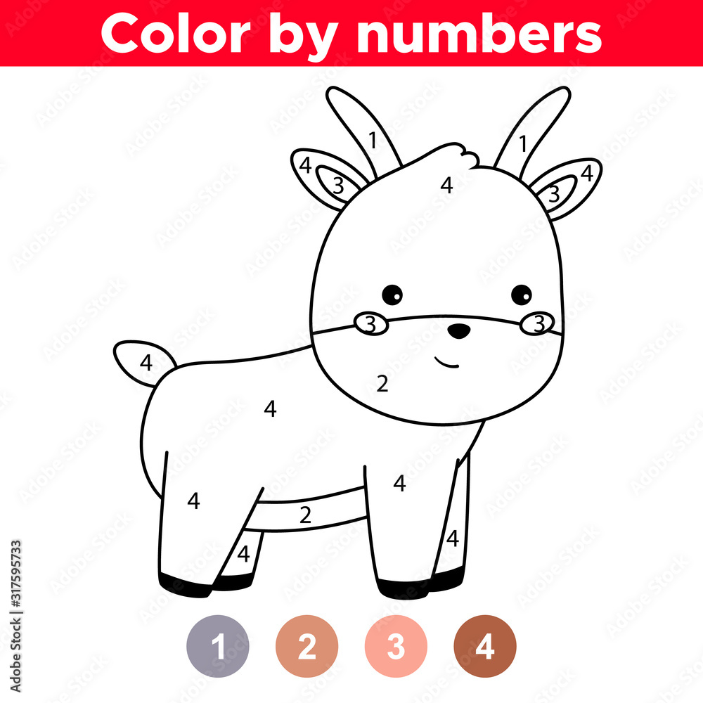 Cute kawaii farm animal - goat. Coloring by numbers. Educational game ...