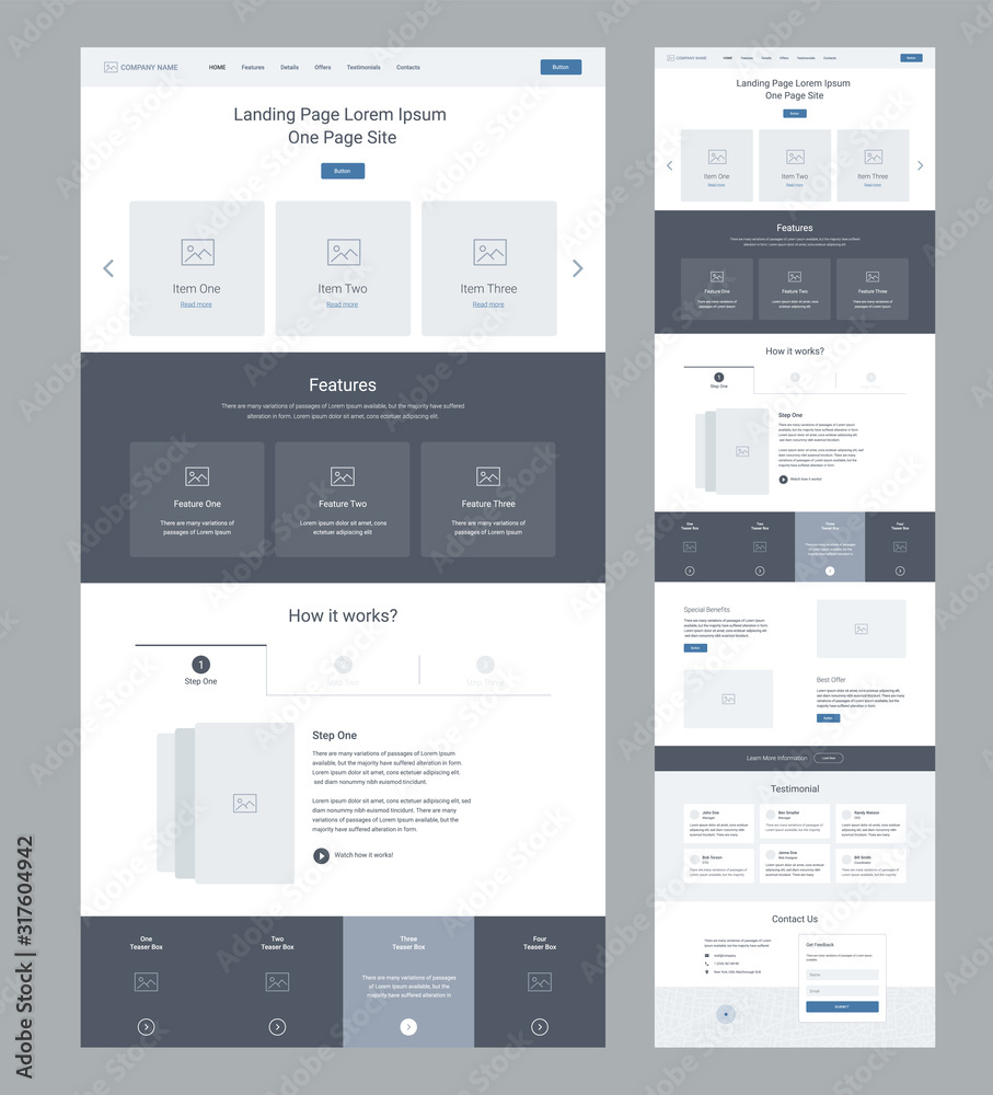 Landing page wireframe design for business. One page website layout ...