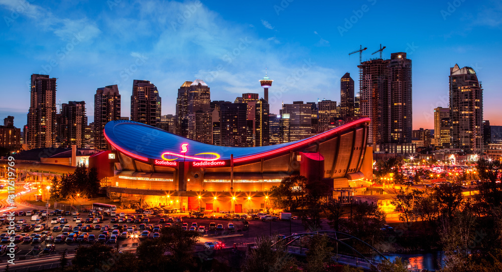 Scotiabank Saddledome and Panorama of Calgary Downtown Skyline Stock ...