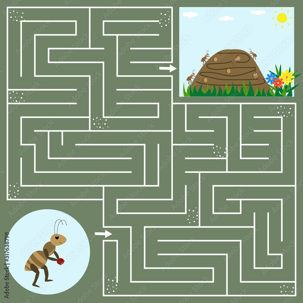 maze puzzle for children on the theme of nature, help the ant find the ...