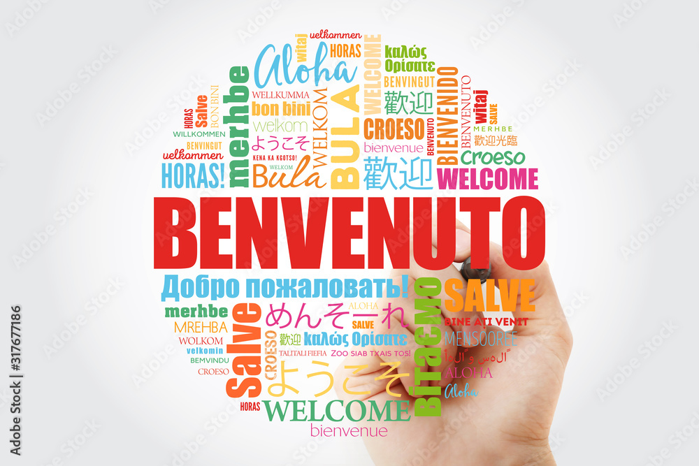 Benvenuto (Welcome in Italian) word cloud with marker in different ...