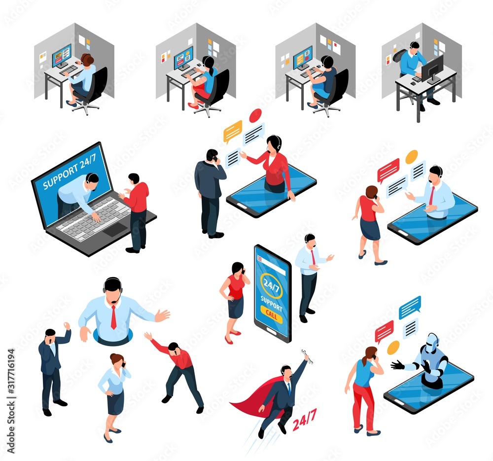 Call Center Isometric Set Stock Vector | Adobe Stock