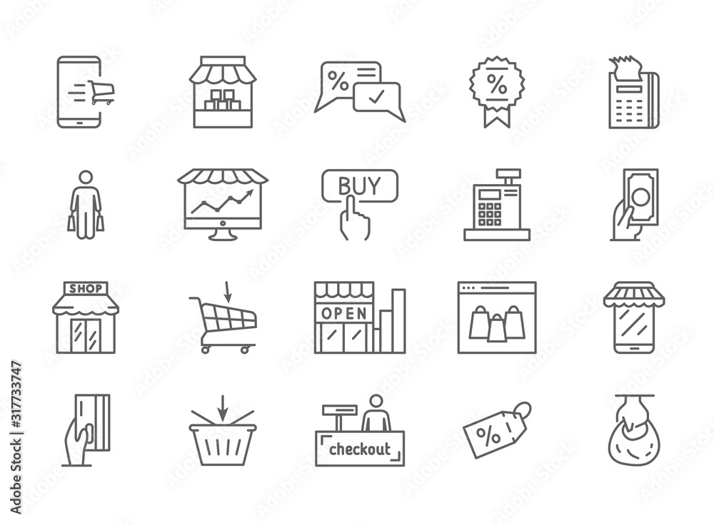 Large collection of twenty simple shopping icons depicting stores ...