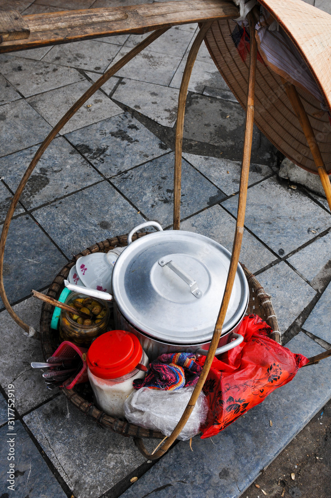 Vietnamese metal kitchen utensils for preparing and serving street food ...
