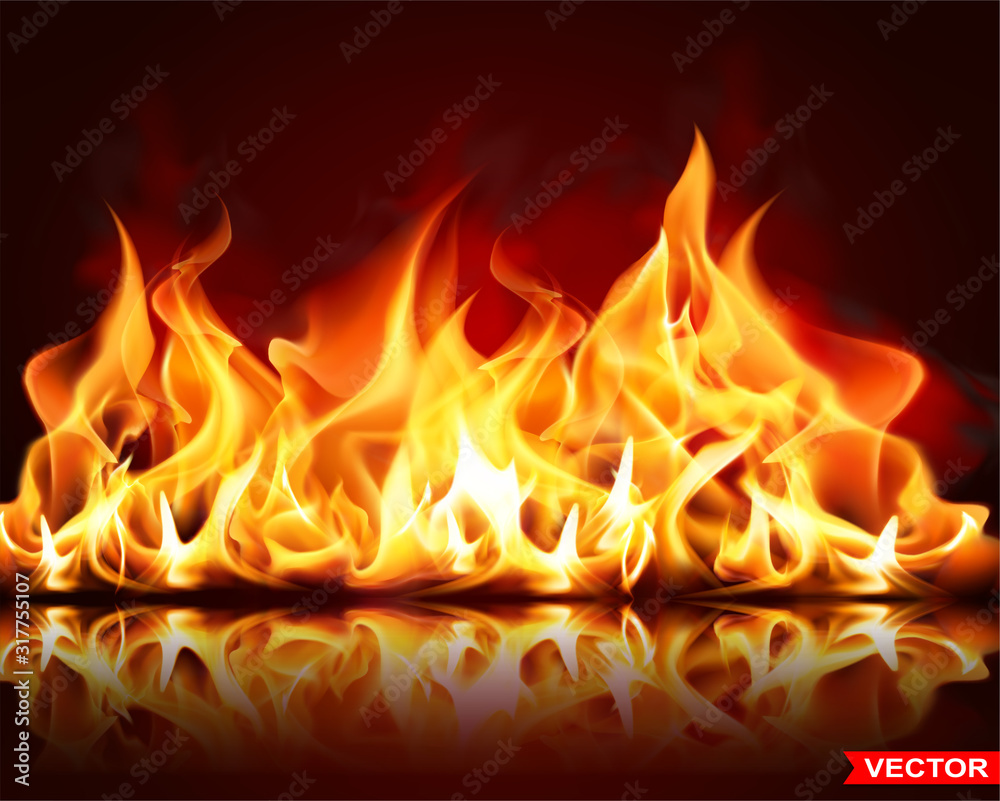 Realistic many burning big fire flames with shiny bright elements ...