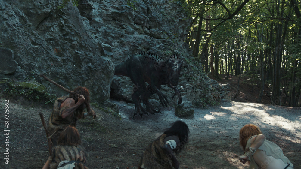 Prehistoric Tribe of Neanderthals Attacking Hunting Dangerous Dinosaur ...