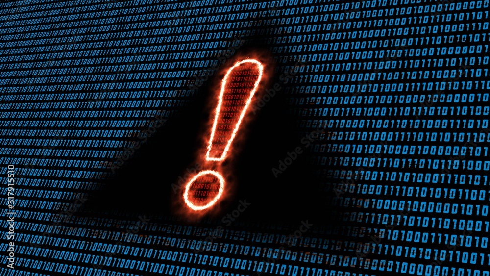 Binary code background in blue colour - burning exclamation mark on black information sign - 3D ...