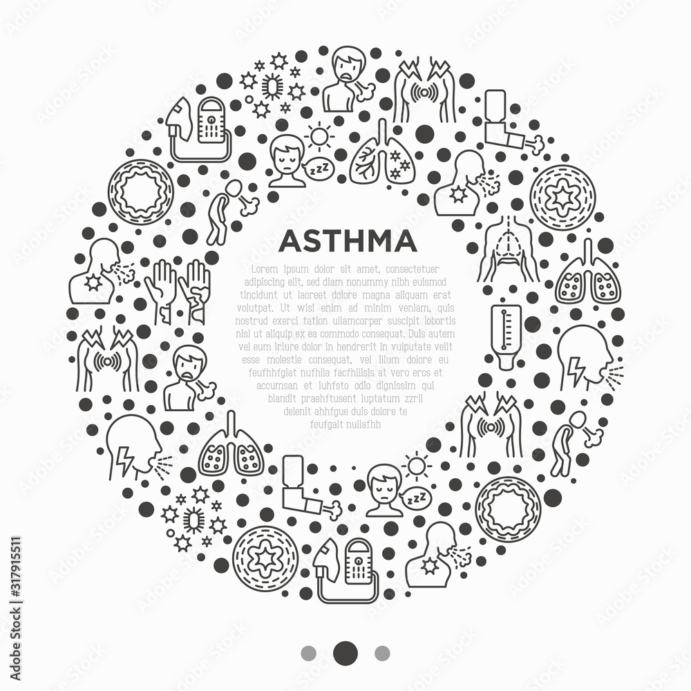 Vetor Asthma concept in circle with thin line icons: allergen, dyspnea ...