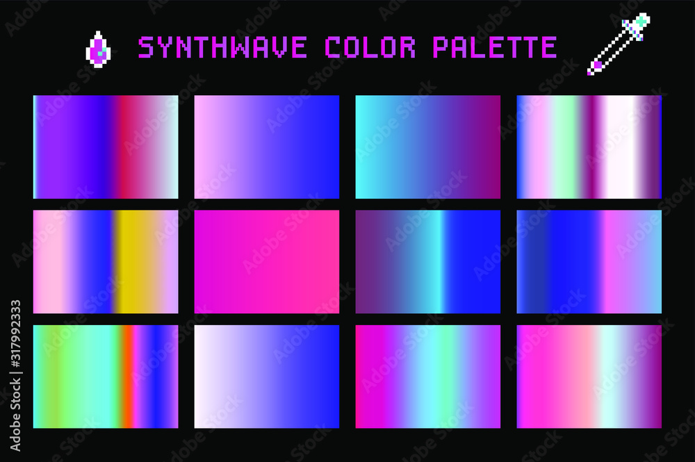 Synthwave color palette set of duotone and holographic swatches for trendy coloring. Stock Vector Adobe Stock