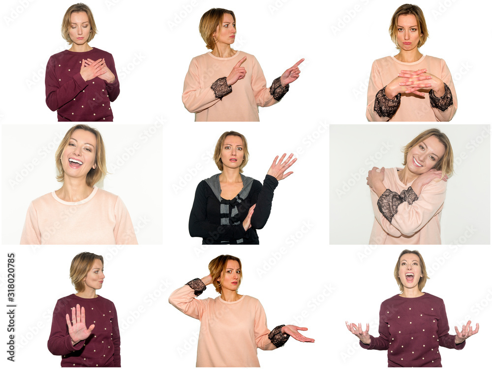 set of photos. collage. the girl portrays feelings - Anger, Annoyance ...