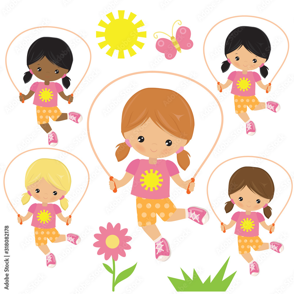 Cute little girl with a skipping rope vector cartoon illustration Stock ...