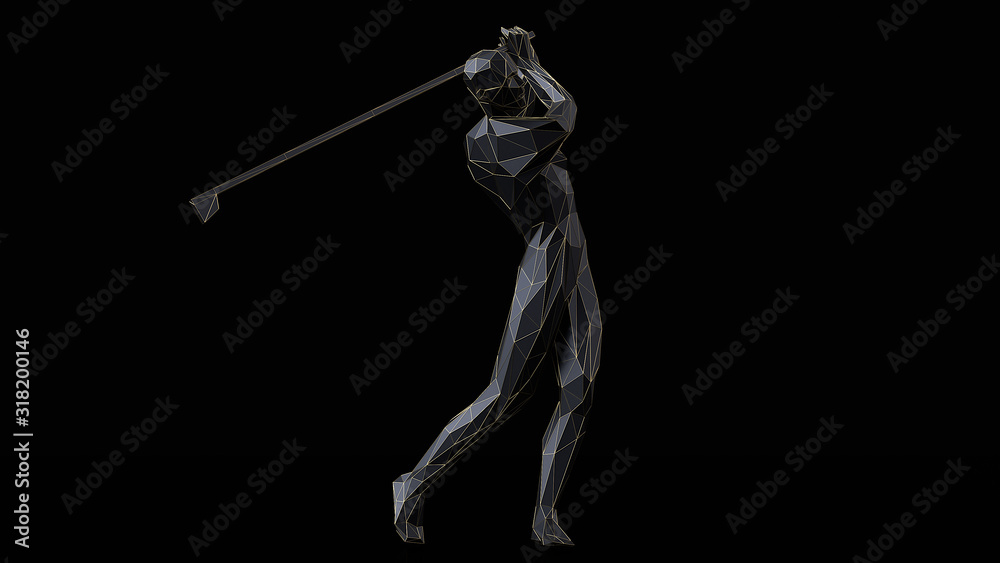 3d render minimalist low poly golf player with thin gold line on black ...