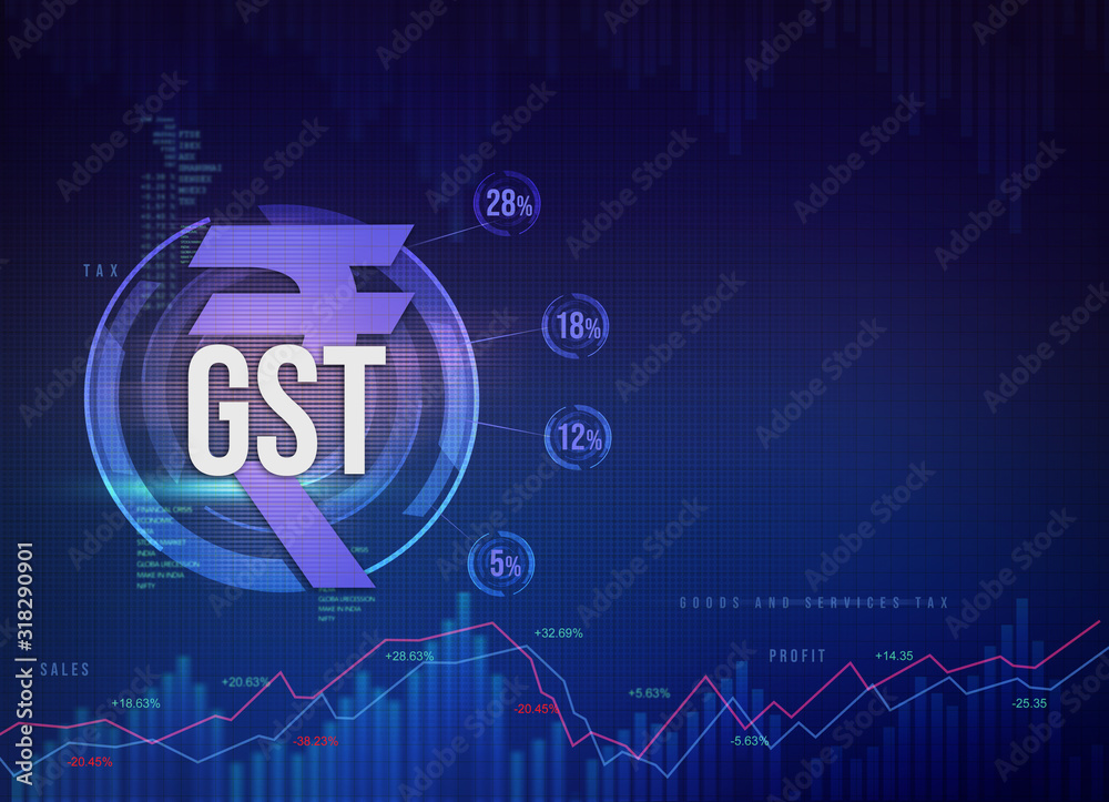 Goods and Services Tax India, GST with Indian rupee symbol, abstract ...