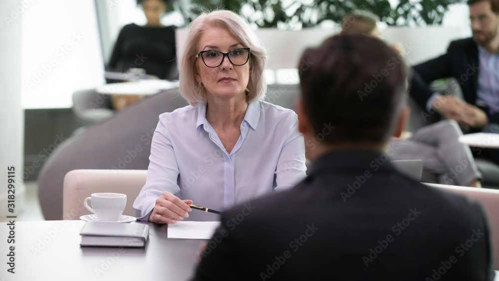 Serious middle aged female hr manager conducting interview with ...