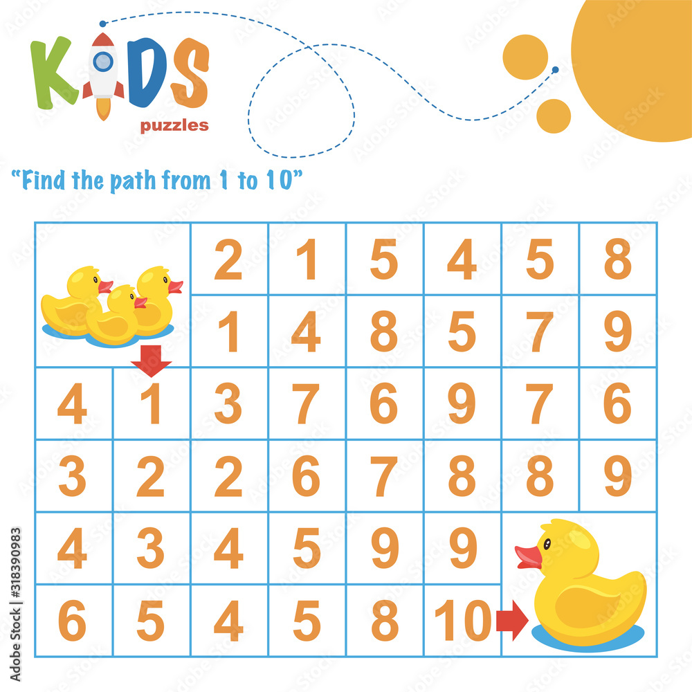 Find the path from 1 to 10. Easy colorful math worksheet practice for ...