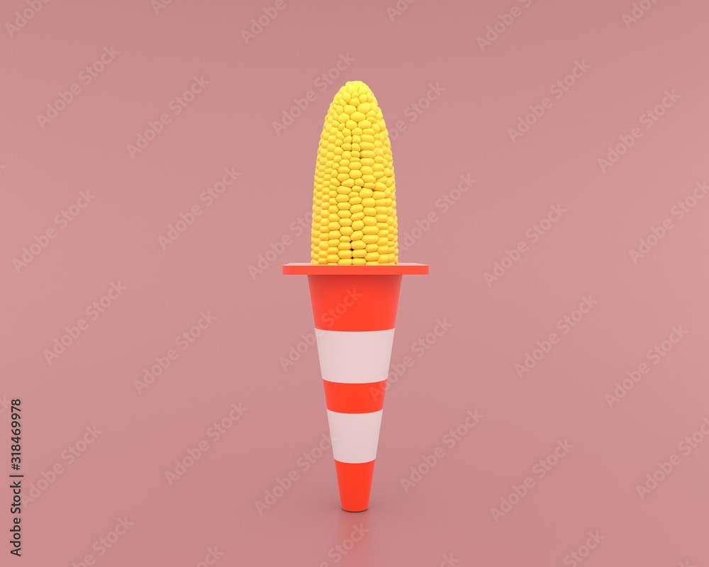 Yellow cores and corn kernels are with on the red, white traffic cones ...