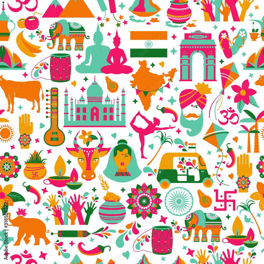 Traditional symbols of India seamless pattern on white background ...