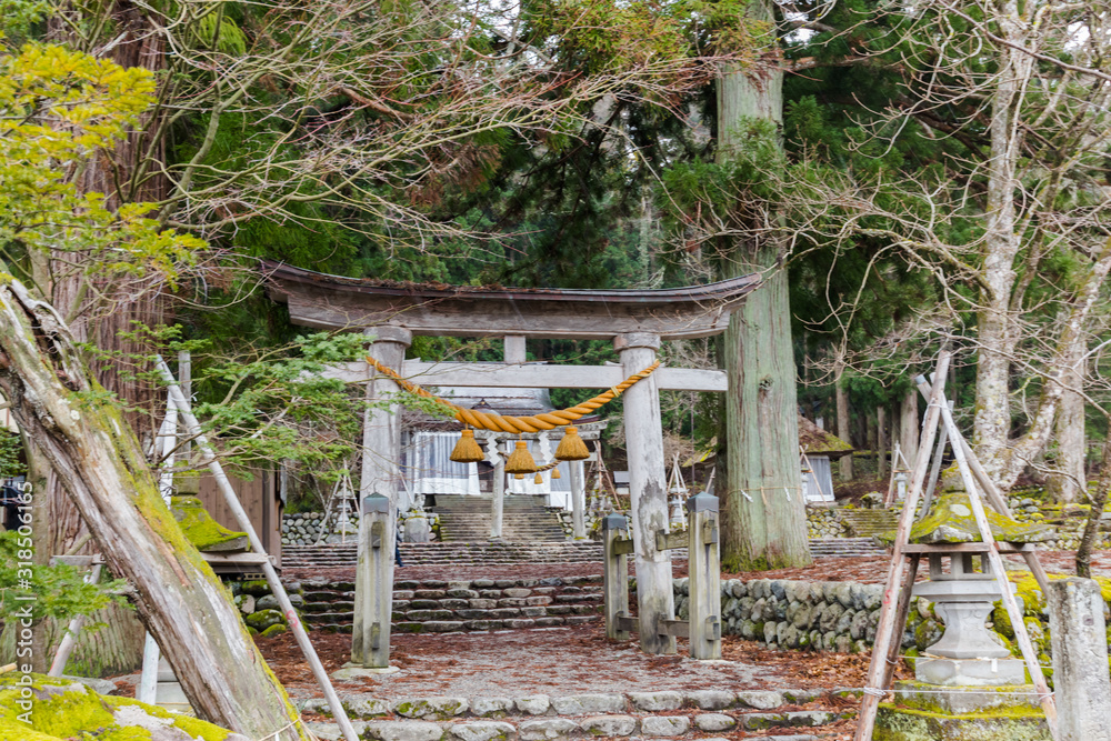Torii gate of Shirakawa Hachiman Shinto Shrine in village of ...