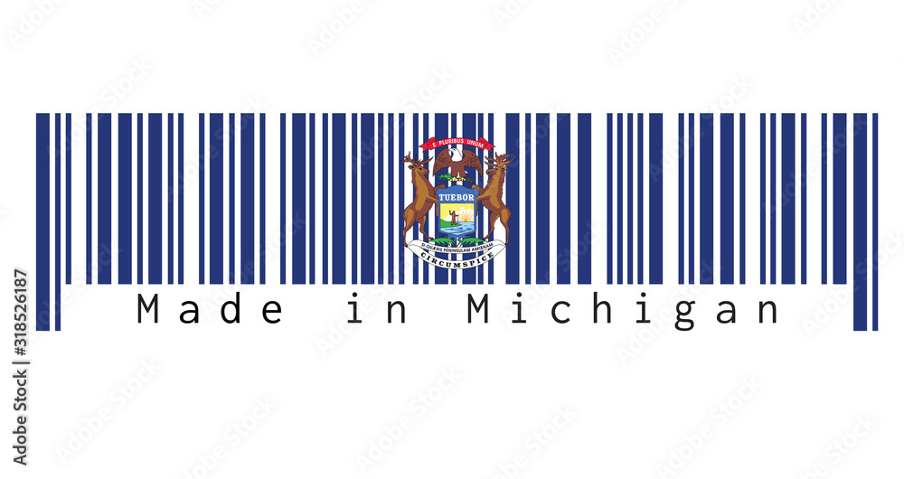 Barcode set the color of Michigan flag. State coat of arms on a dark ...