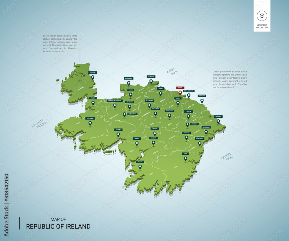 Stylized map of Ireland. Isometric 3D green map with cities, borders ...