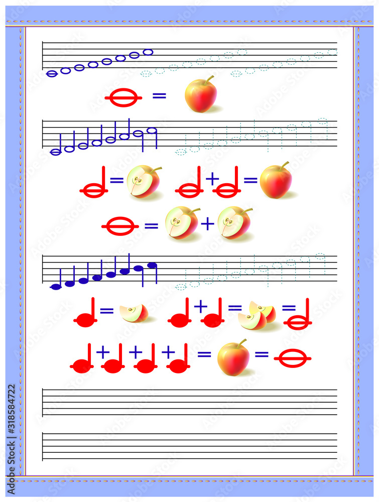 Educational page for little children to study the duration of musical ...