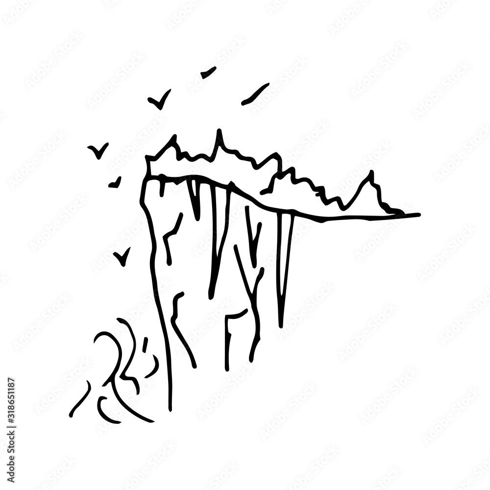 Hand-drawn cliff. Vector illustration of a black contour isolated on ...