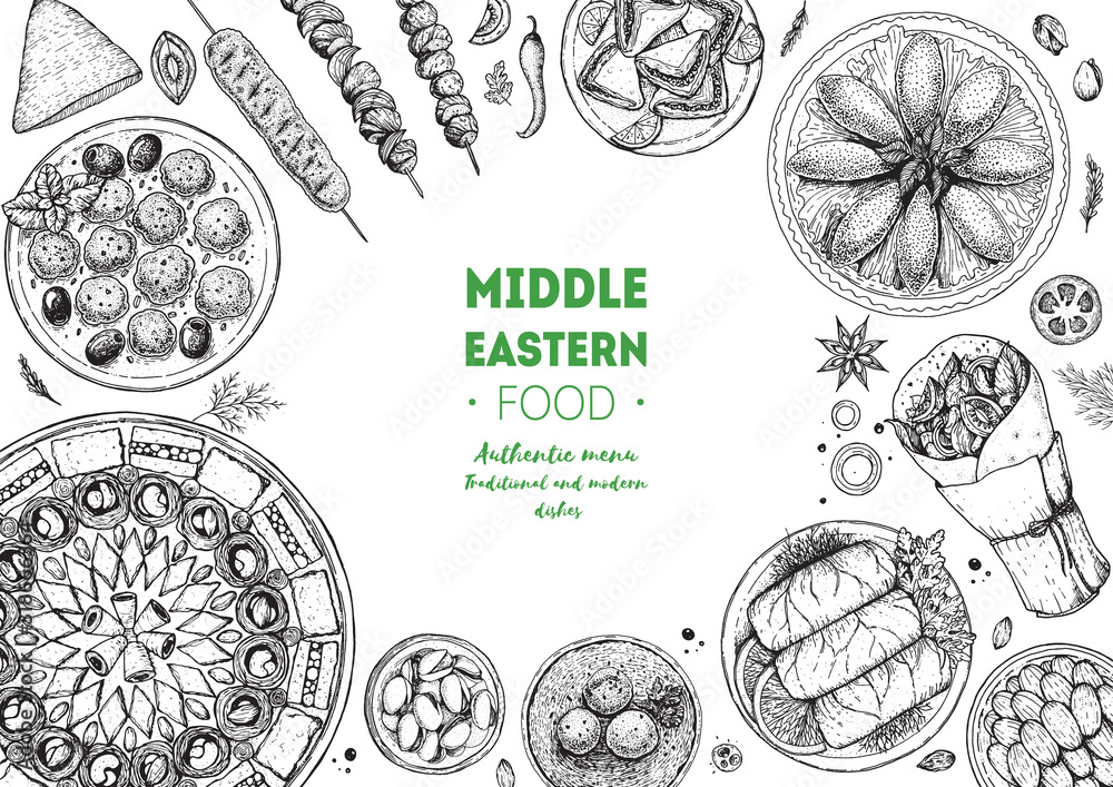 Middle eastern food top view frame. Food menu design with dolma, kibbeh ...